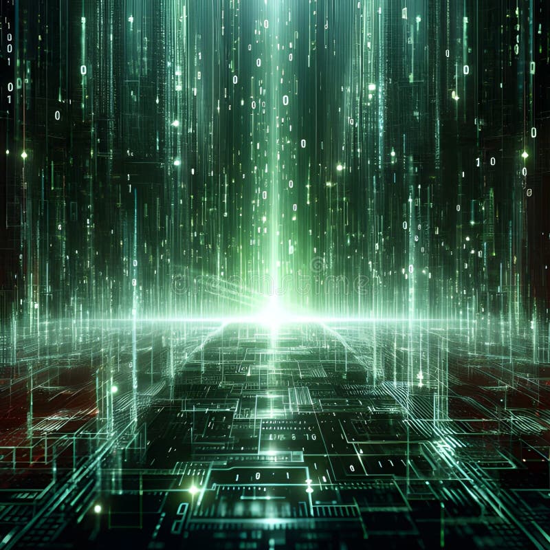 Glowing Binary Code in Greens and Blacks Flows Down a Digital Screen ...