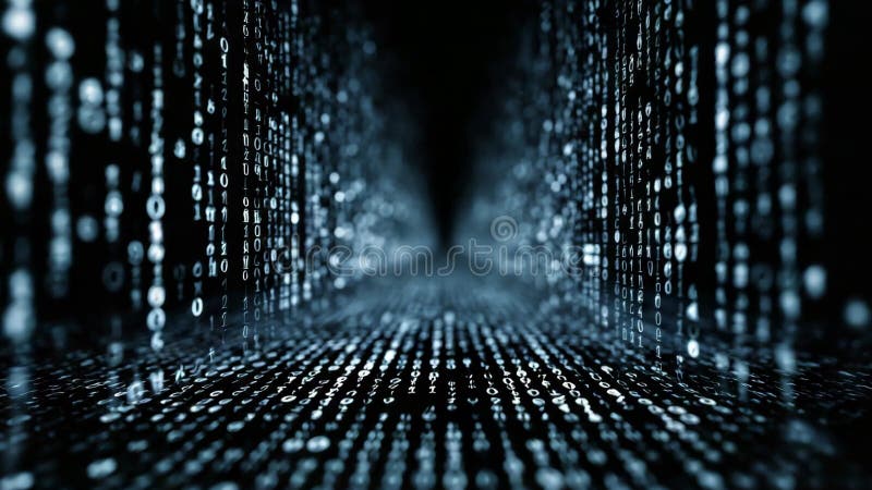 Glowing Binary Code Flows through Digital Tunnel Creating a Sense of ...
