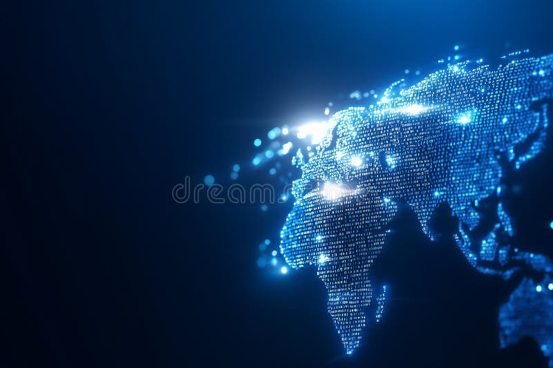 A Glowing Binary Code World Map Showcases Global Digital Connectivity and Tech Progress Stock ...