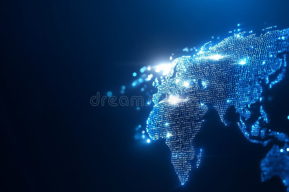A Glowing Binary Code World Map Showcases Global Digital Connectivity and Tech Progress Stock ...