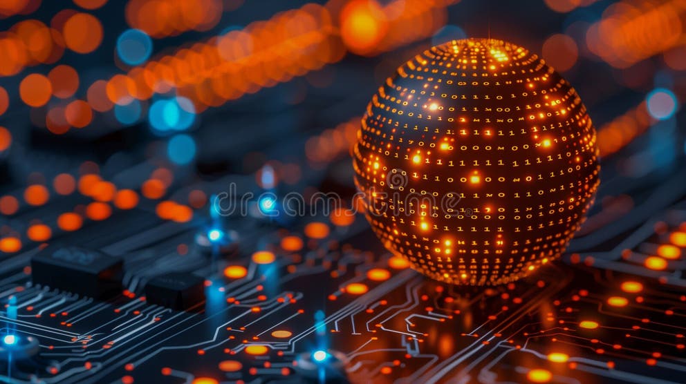 Glowing Binary Sphere on Circuit Board with Orange and Blue Lights ...