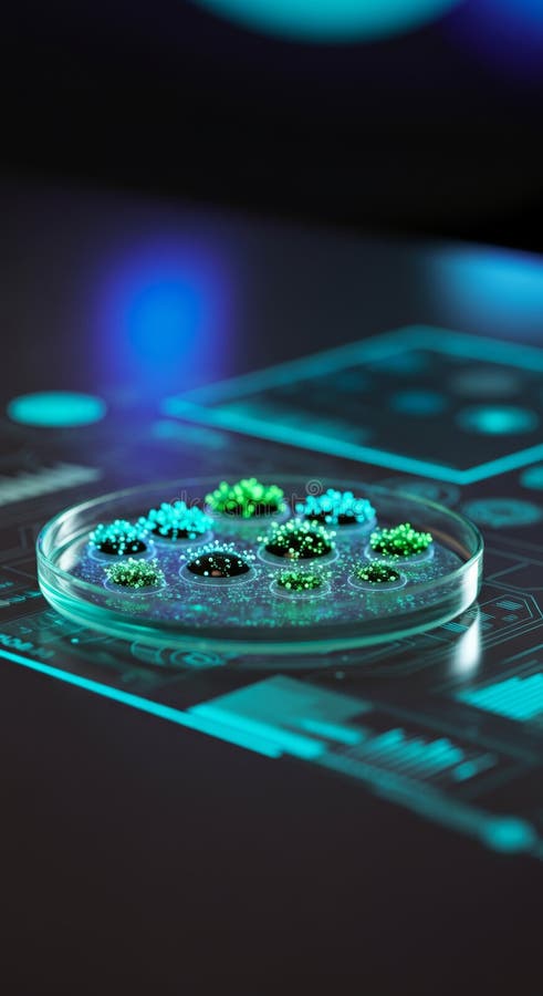 Glowing Biological Samples in Petri Dish on Futuristic Digital Display ...
