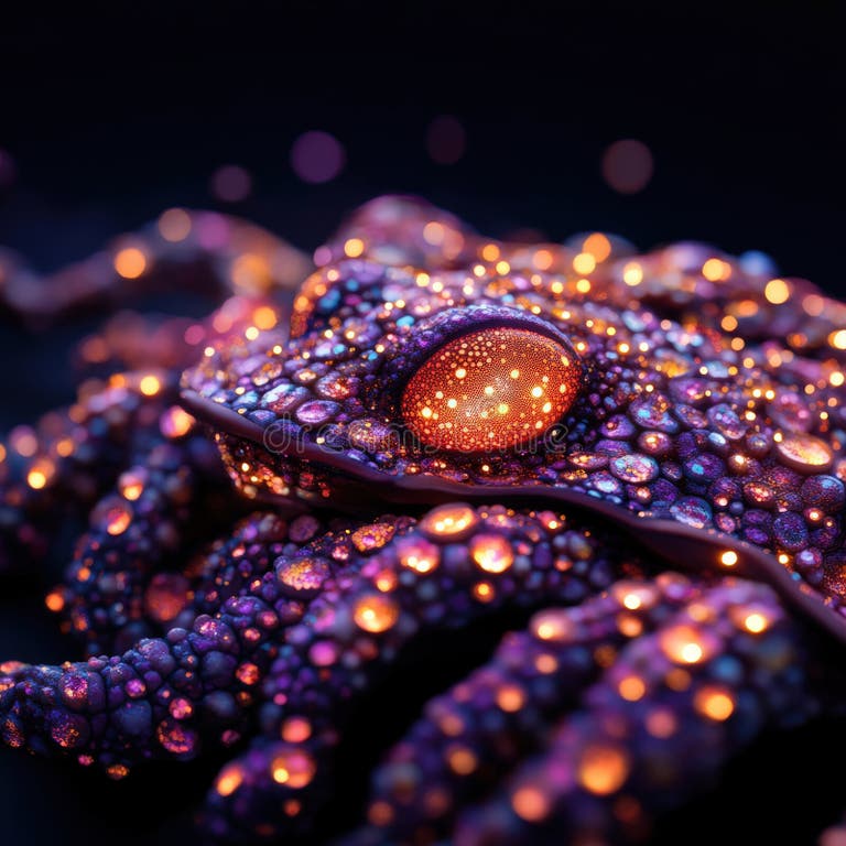 Glowing Bioluminescent Octopus with Iridescent Texture in Dark Ocean ...