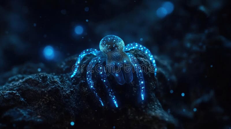 A Glowing Bioluminescent Squid in an Underwater Setting, Emitting a ...