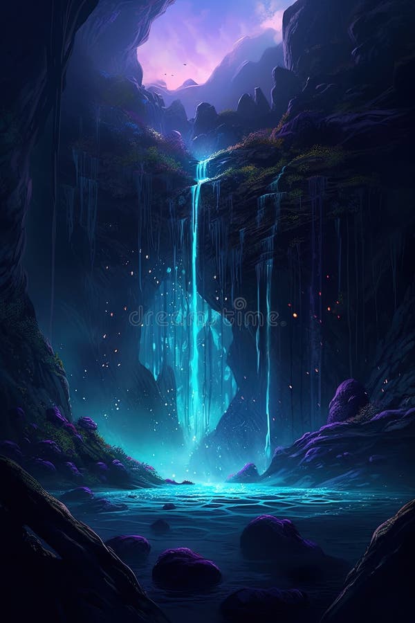 Glowing Bioluminescent Waterfall with Sparkles. Perfect for Posters and ...