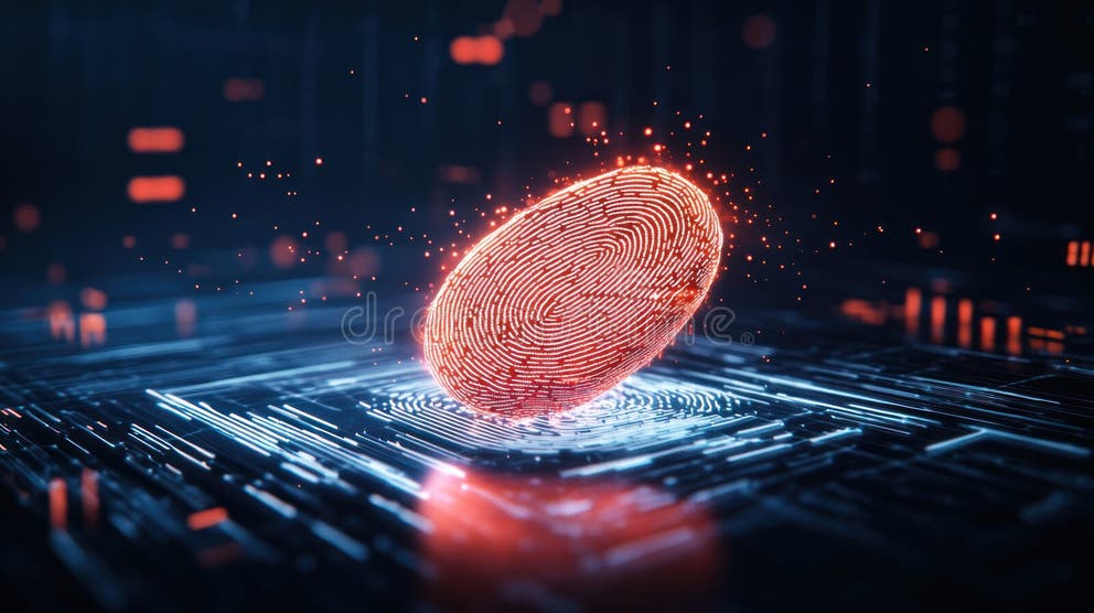 Glowing Biometric Fingerprint Scanner Surrounded by Data Streams and Binary Code Particles in ...
