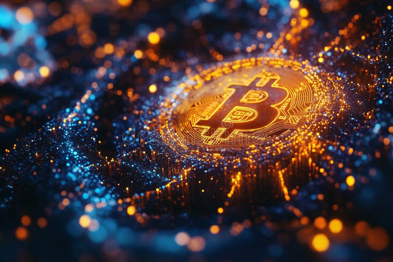 Glowing Bitcoin Cryptocurrency Symbol with Sparkling Blue and Orange ...