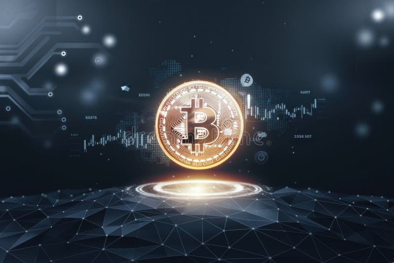 Glowing Bitcoin Logo on Digital Blockchain Network – Crypto Future ...