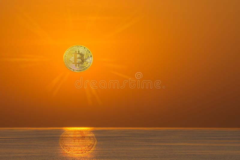 Glowing Bitcoin instead a Sun at a Sunrise with Small Waves at the Sea ...