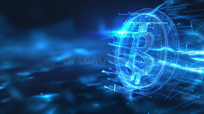 Glowing Bitcoin Symbol in Digital Blue Background Stock Photo - Image ...