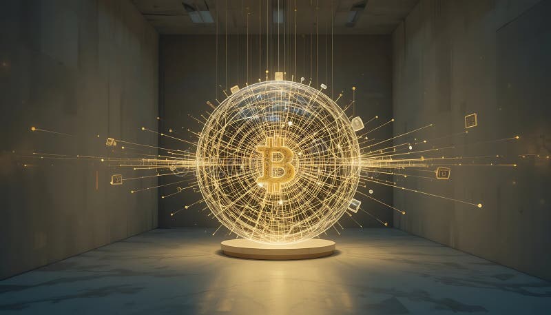 Glowing Bitcoin Symbol Inside Digital Sphere on Pedestal Display Stock ...
