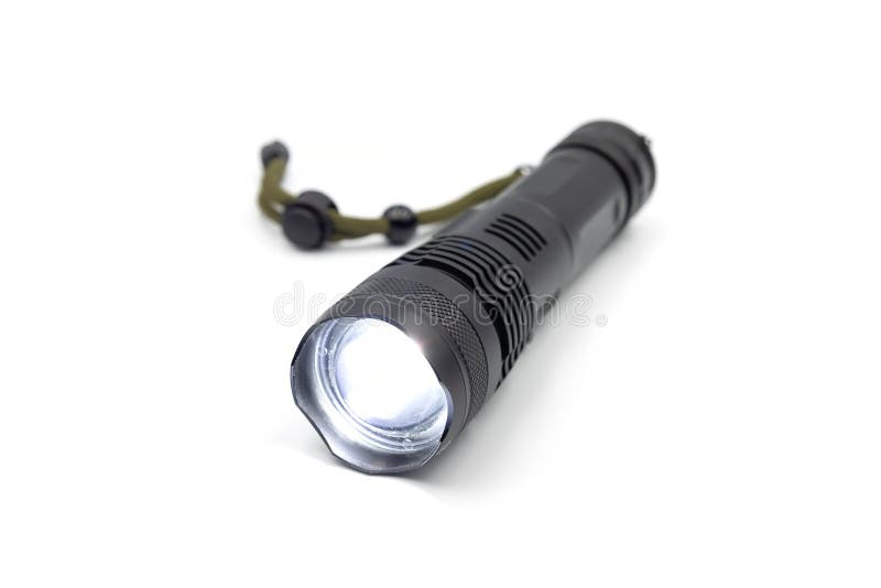 Glowing Black Metallic Led Flashlight Isolated on White Background ...