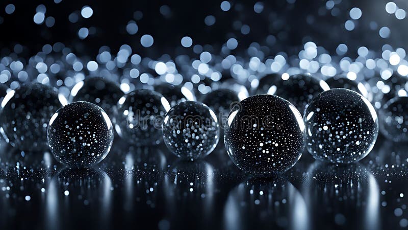 Glowing Black Spheres with Light Particles on Reflective Surface ...