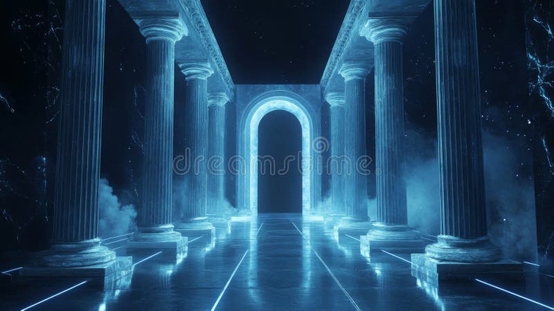 Glowing Blue Archway in a Hall of Columns Stock Illustration ...
