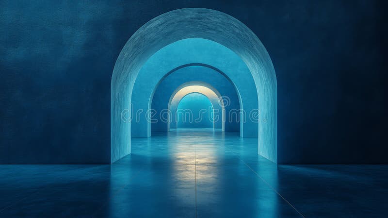 Glowing Blue Archway Tunnel in Dark Hallway Stock Illustration ...