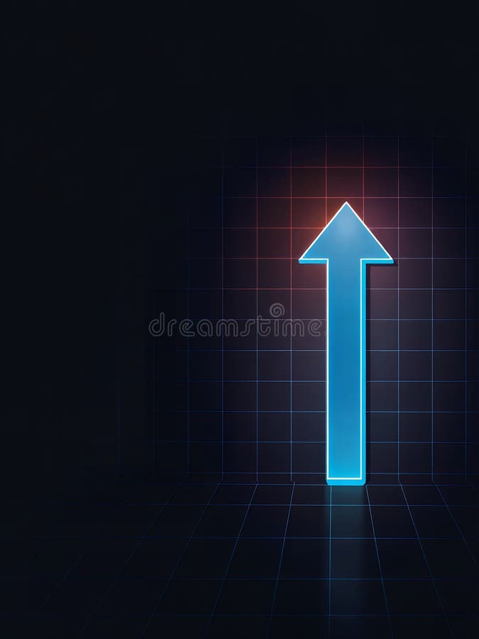 A Glowing Blue Arrow Pointing Upwards on a Dark Background with a Grid ...