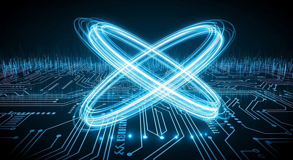 A Glowing Blue Atomic Structure is Set Against a Digital Background ...