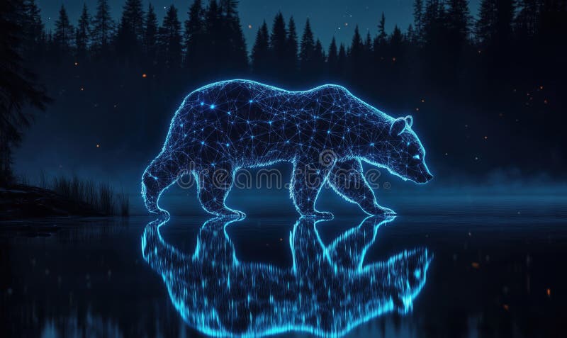 Glowing Blue Bear Silhouette with Digital Network Design Reflected in ...