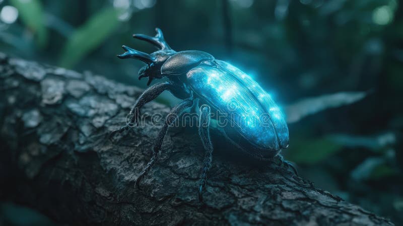 Glowing Blue Beetle on Tree Bark Stock Illustration - Illustration of ...