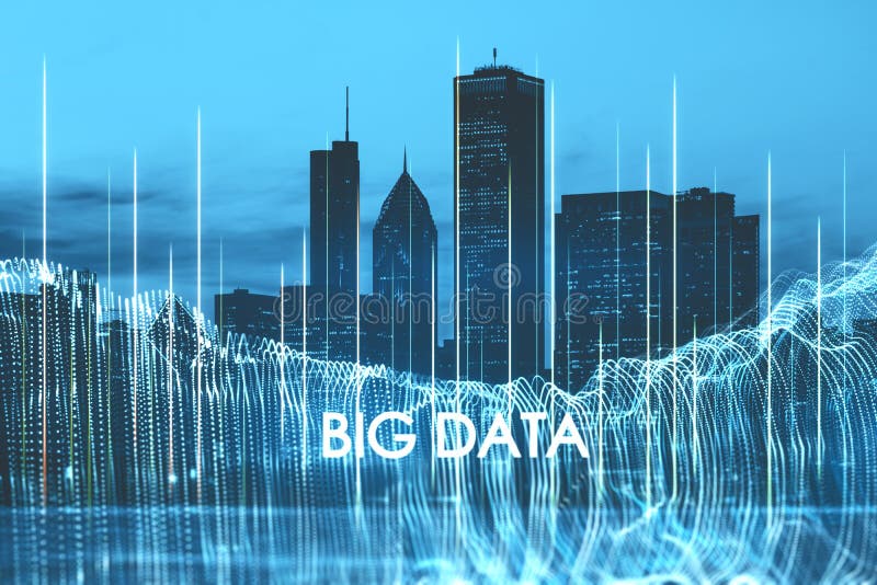 Glowing Blue Big Data Hologram on City Backdrop. Technology, Metaverse ...