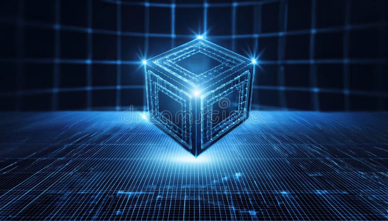 Glowing Blue Blockchain Cube Levitating Over Black Grid Floor with ...