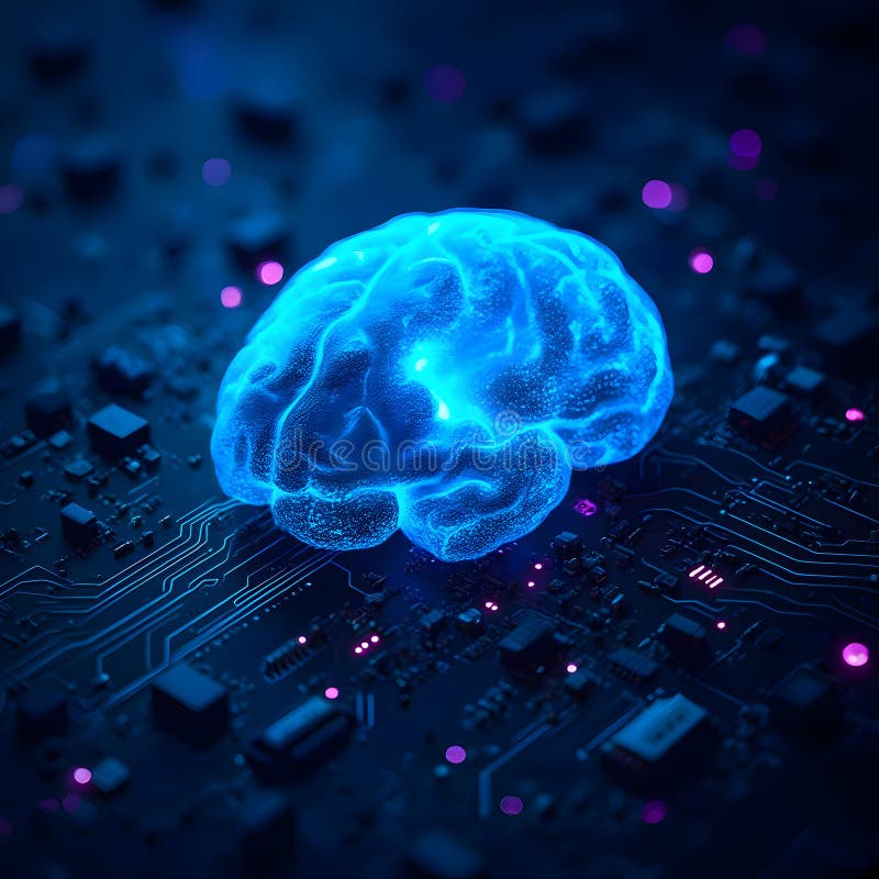 Glowing Blue Brain on Circuit Board, Symbolizing Biology and Technology ...