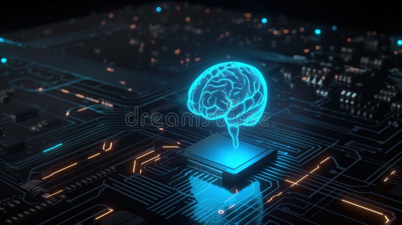 Glowing Blue Brain Circuit on Microchip on Computer Motherboard ...