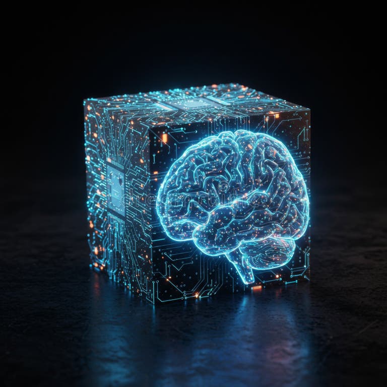 Glowing Blue Brain Cube Digital Network Technology Stock Illustration - Illustration of ...