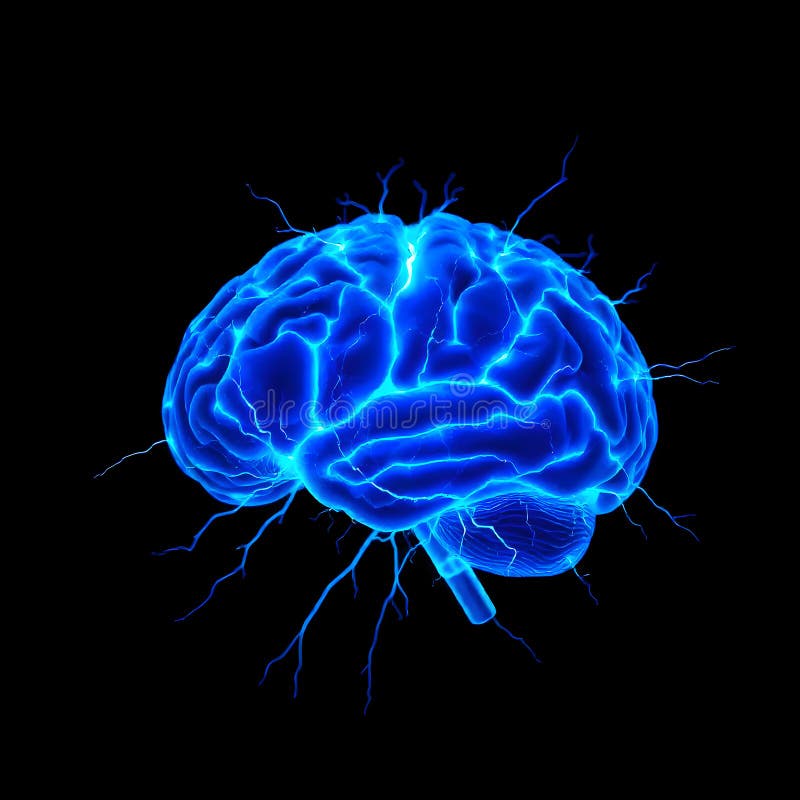 A Glowing Blue Brain with Electrical Discharges Stock Illustration ...