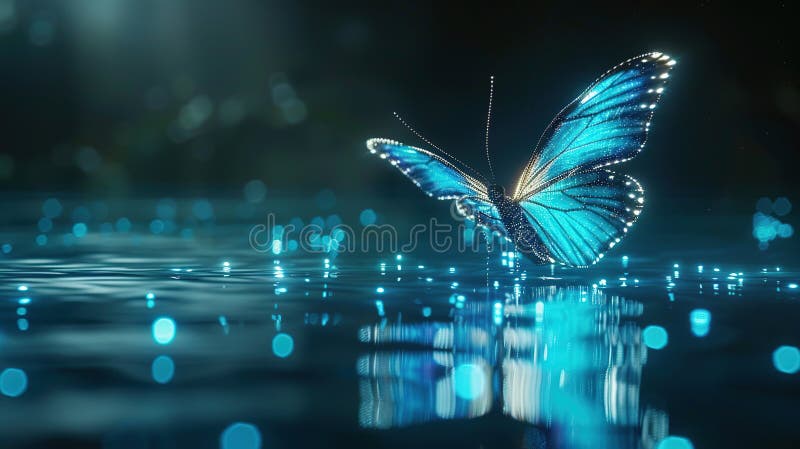 A Glowing Blue Butterfly Lands on a Reflective Surface with Sparkling ...