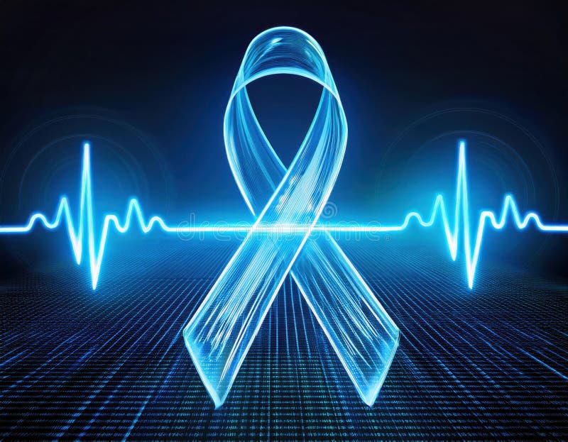 A Glowing Blue Cancer Ribbon Visualizes Stock Photo - Image of support ...