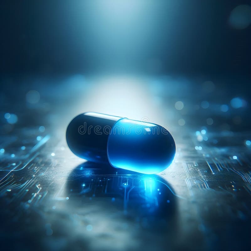 Glowing Blue Capsule on a Dark Surface Stock Illustration ...