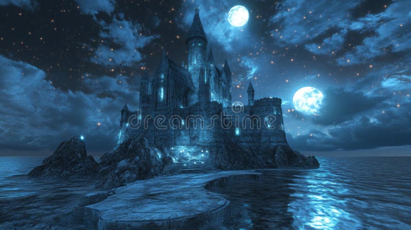 Glowing Blue Castle on a Dark Ocean at Night Under a Starry Sky Stock ...