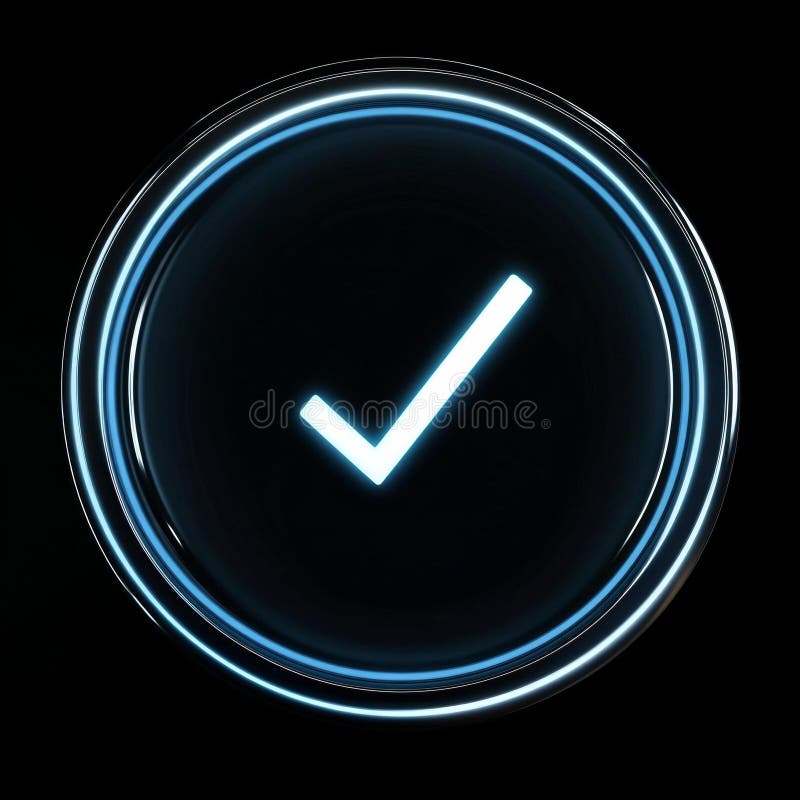Glowing Blue Check Mark in Black Circular Frame with Neon Effect Stock ...