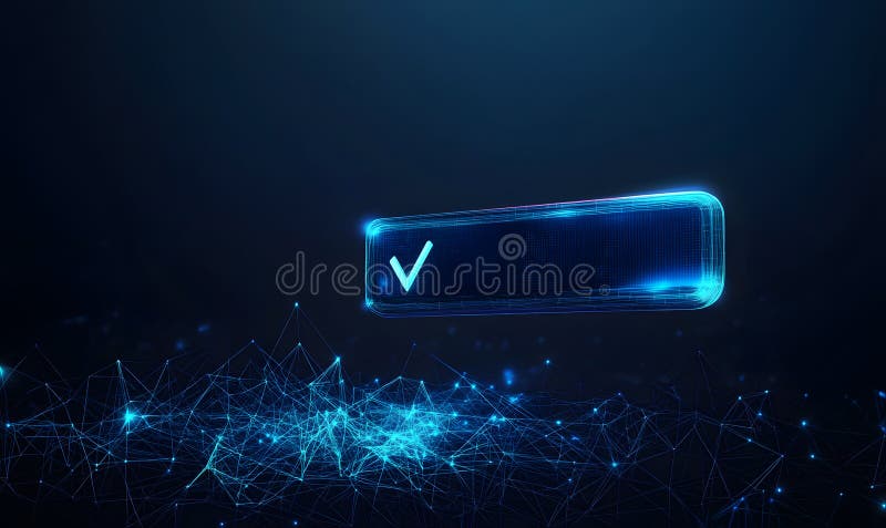 Digital Approval Glowing Check Mark Icon with Abstract Network on Dark ...