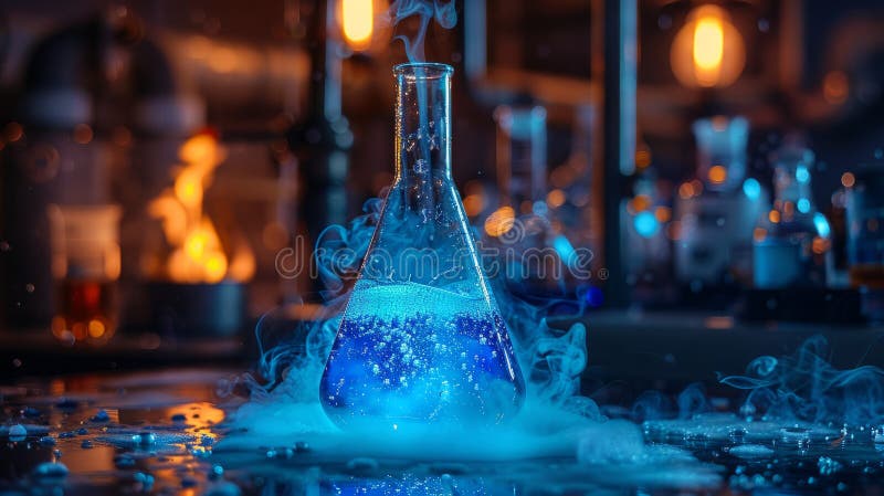 A Glowing Blue Chemical Reaction in a Lab Beaker. Stock Photo - Image ...