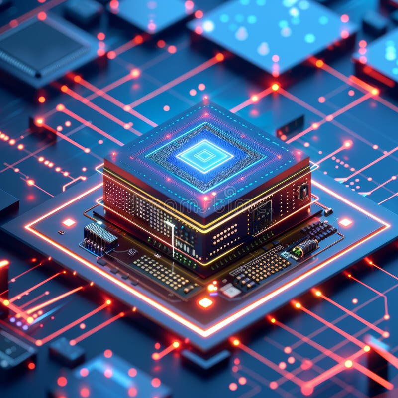 Glowing Blue Circuit Board in Abstract Space with Blurred Light Lines ...