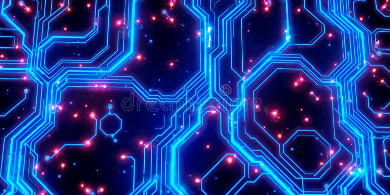Glowing Blue Circuit Board Design with Red Particles Floating in a Dark ...