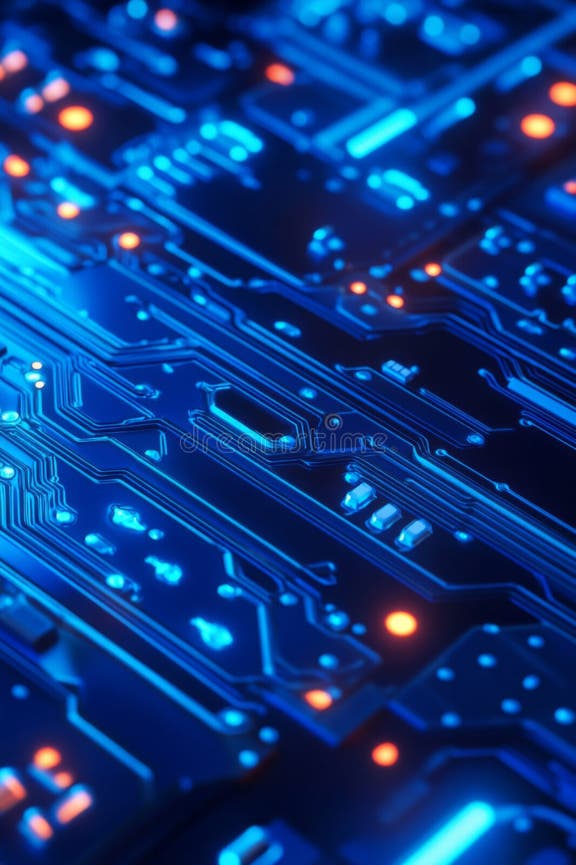 Glowing Blue Circuit Board with Orange Lights and Complex Patterns in ...