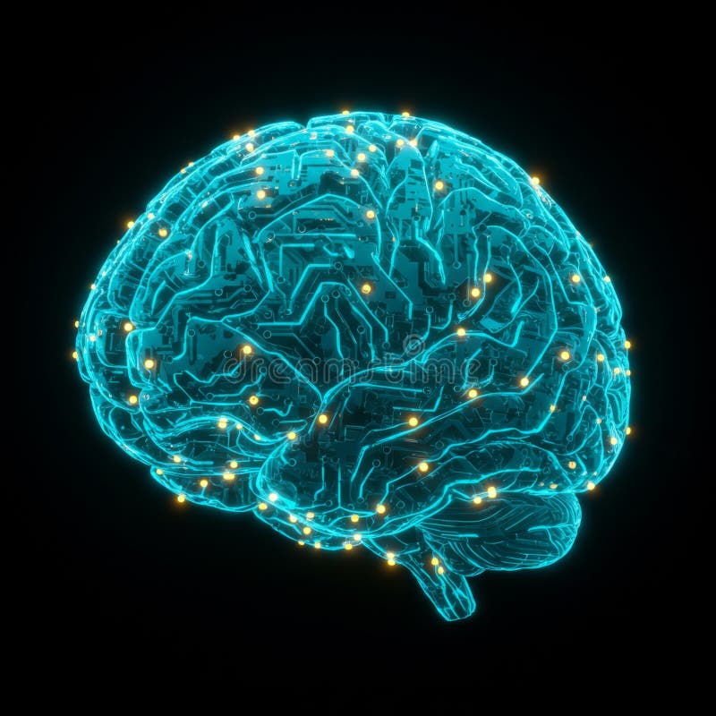 Glowing Blue Circuit Brain in Dark Background Stock Illustration ...