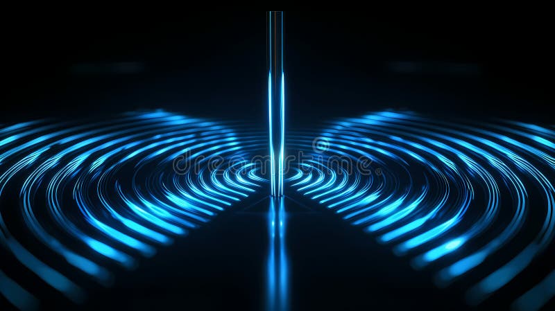 Glowing Blue Circular Waves Spreading from Central Pillar on Dark ...