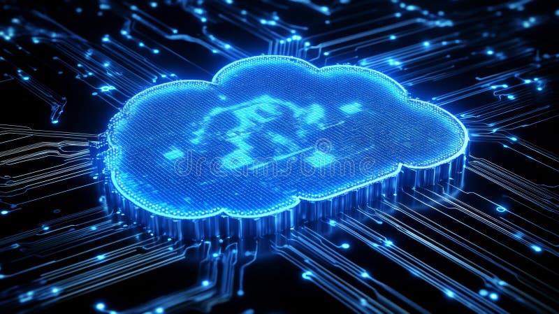 Glowing Blue Cloud Data Network on Circuit Board Stock Illustration ...