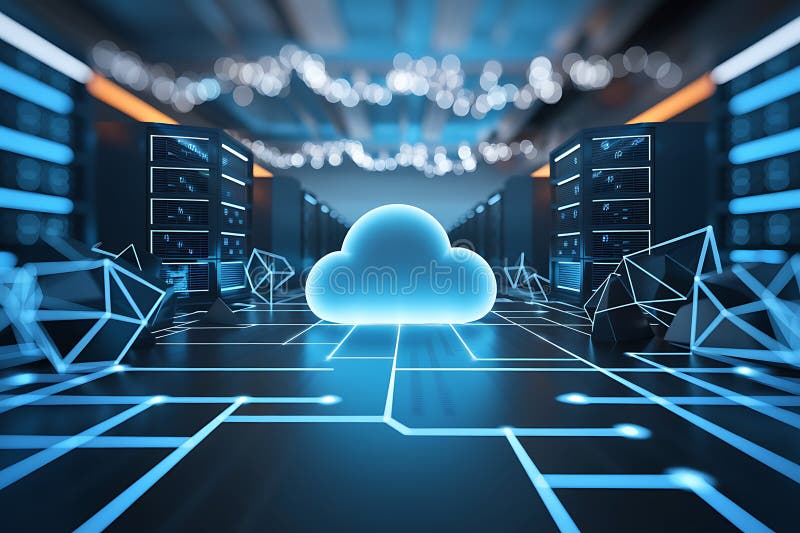 Glowing Blue Cloud in Futuristic Server Room with Geometric Shapes Cloud Computing Data Center ...