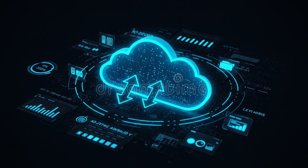 A Glowing Blue Cloud Icon is Centered, Surrounded by Digital Elements ...