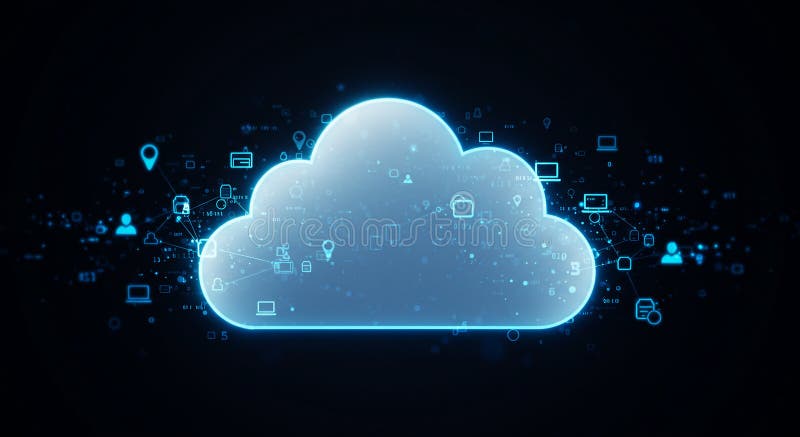 Glowing Blue Cloud Icon Surrounded by Various Digital Symbols on a Dark ...