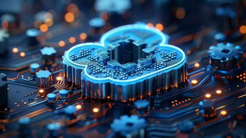 A Glowing Blue Cloud-shaped Circuit on a Dark Circuit Board ...