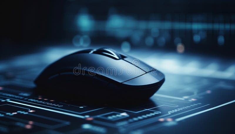 Glowing Blue Computer Equipment on Dark Desk Using Wireless Technology ...