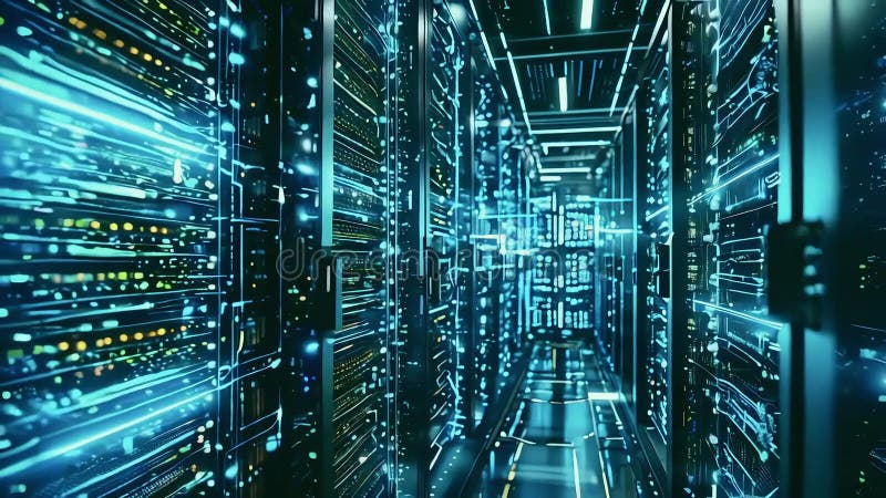 A Glowing Blue Corridor in a Futuristic Data Center with Server Racks and Cables Stock Video ...