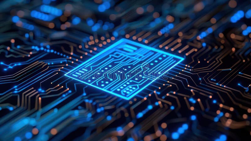 A Glowing Blue CPU Chip Sits on a Complex Circuit Board, Representing ...