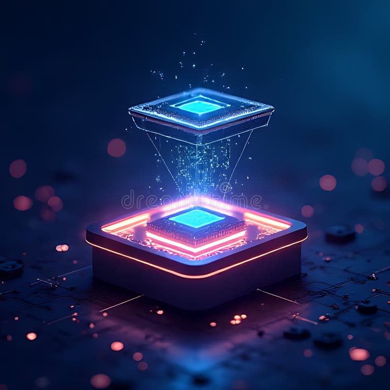 A Glowing Blue CPU Core Floats Above a Similar, Illuminated Base Stock ...